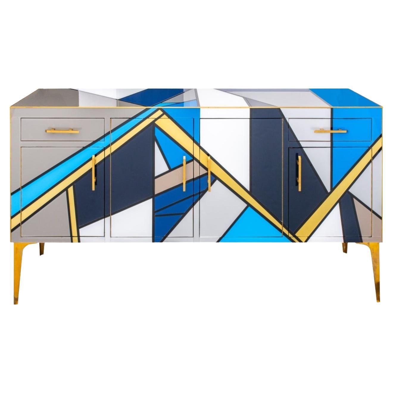 Italian Modern Mosaic Sideboard with Brass Pulls For Sale at 1stDibs