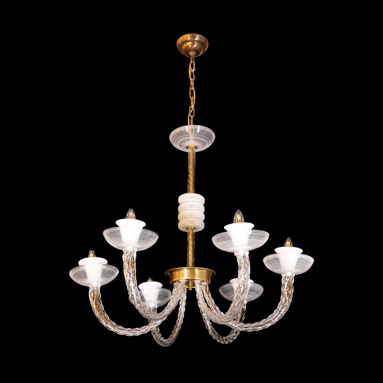 Italian Modern Murano Latticinio Clear Glass Chandelier 6 Arms ...