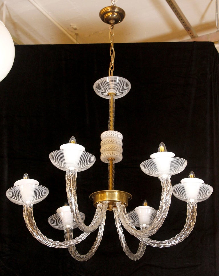 Italian Modern Murano Latticinio Clear Glass Chandelier 6 Arms ...