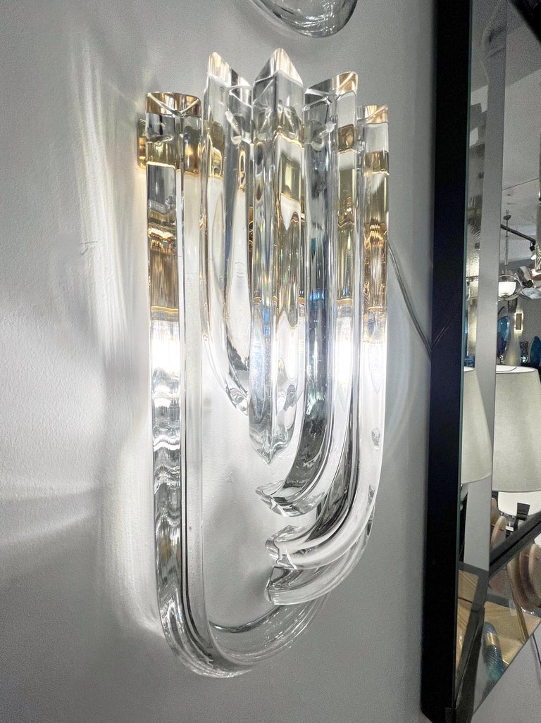 Italian Modern Pair of Translucent Crystal Murano Glass Brass Curved ...