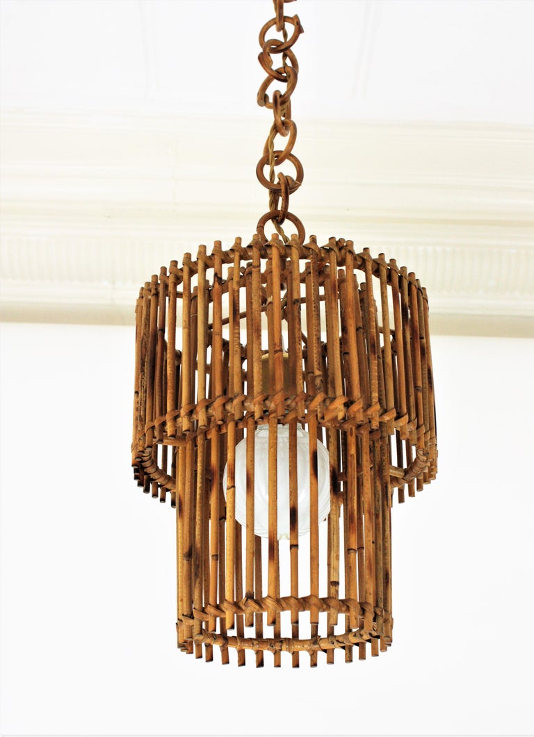 Rattan Cylinder Pendant Hanging Light or Lantern, 1960s For Sale at 1stDibs