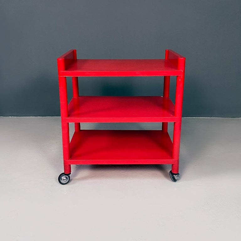 Italian modern red plastic trolley with three shelves and wheels, 1980s ...