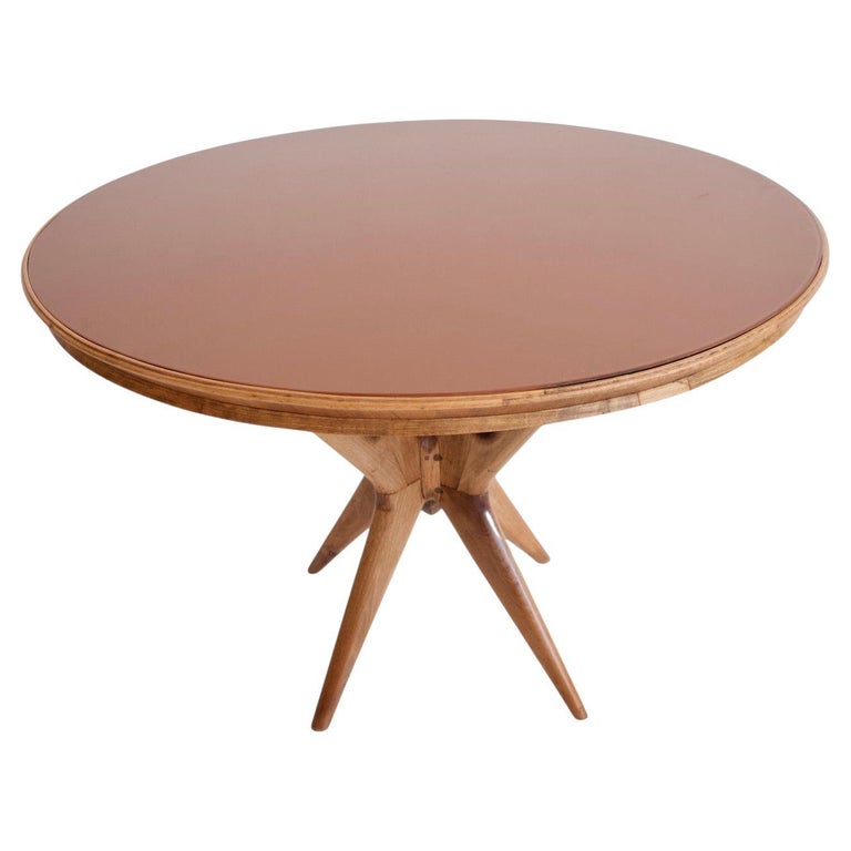 Italian Modern Round Walnut Wood Table with Glass Top For Sale at 1stDibs