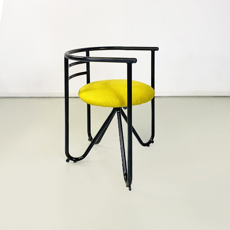 Italian modern set of six black metal and lemon yellow cotton chairs ...