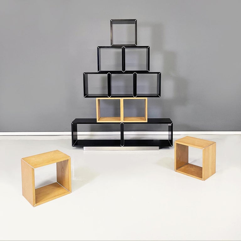 Italian Modern Wooden Modular Bookcase with Metal Details, 1980s at 1stDibs