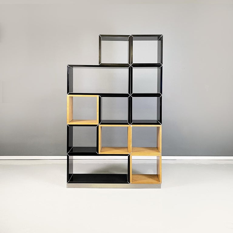 Italian Modern Wooden Modular Bookcase with Metal Details, 1980s at 1stDibs