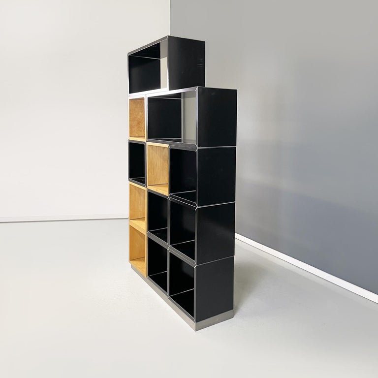 Italian Modern Wooden Modular Bookcase with Metal Details, 1980s at 1stDibs