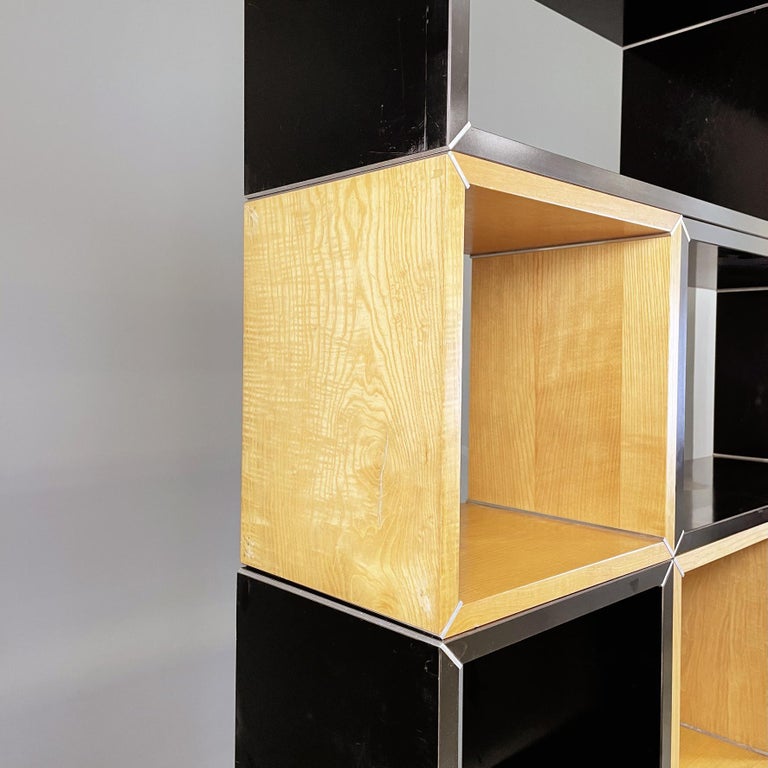 Italian Modern Wooden Modular Bookcase with Metal Details, 1980s at 1stDibs