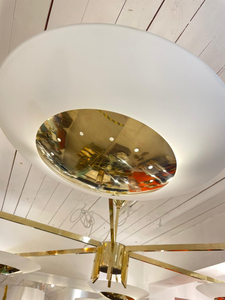 Italian Modernist Chandelier in Brass with Six Arms and White Shades ...