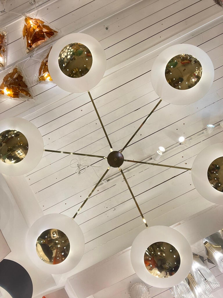Italian Modernist Chandelier in Brass with Six Arms and White Shades ...