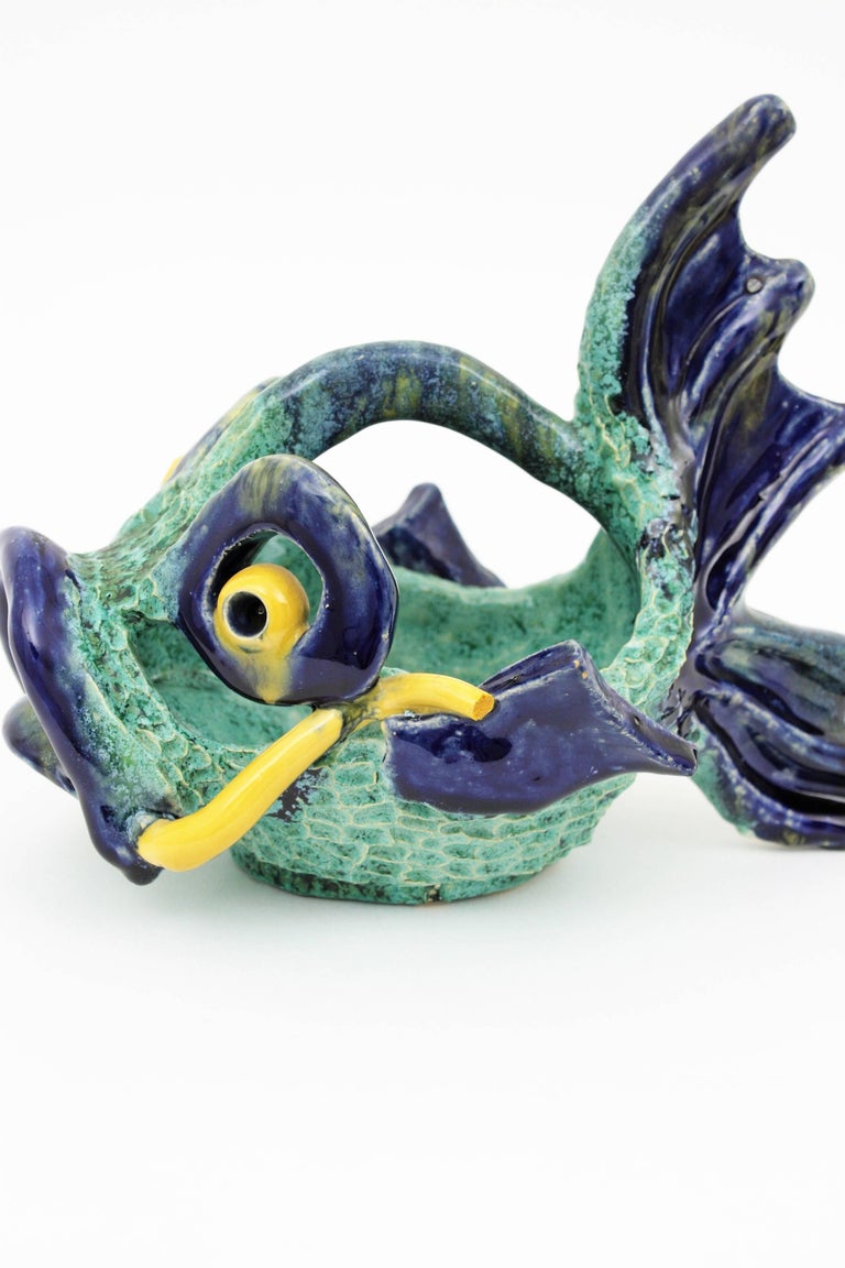 Italian Modern Glazed Ceramic Fish Shaped Basket Bowl For Sale at ...
