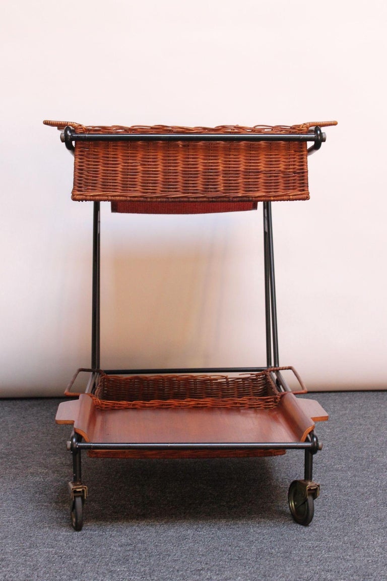 Italian Modernist Iron Bar Cart / Trolley with Plywood and Wicker ...