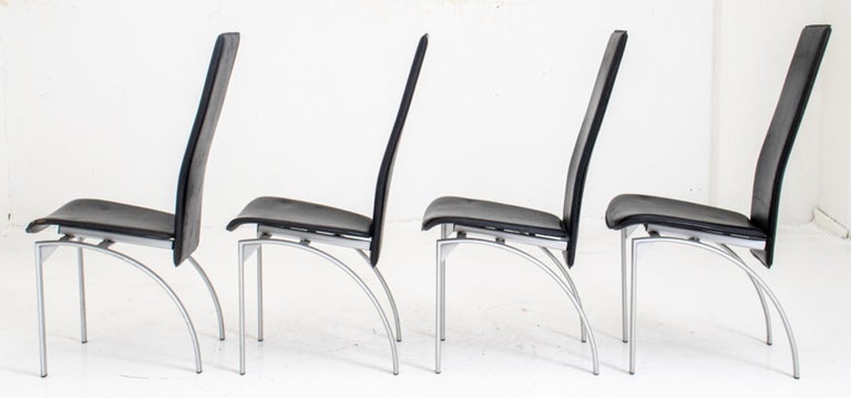Italian Modernist Leather and Metal Side Chairs, 4 For Sale at 1stDibs
