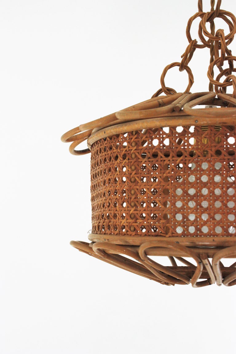 Italian Modernist Wicker Wire and Rattan Pendant Hanging Light, 1950s ...