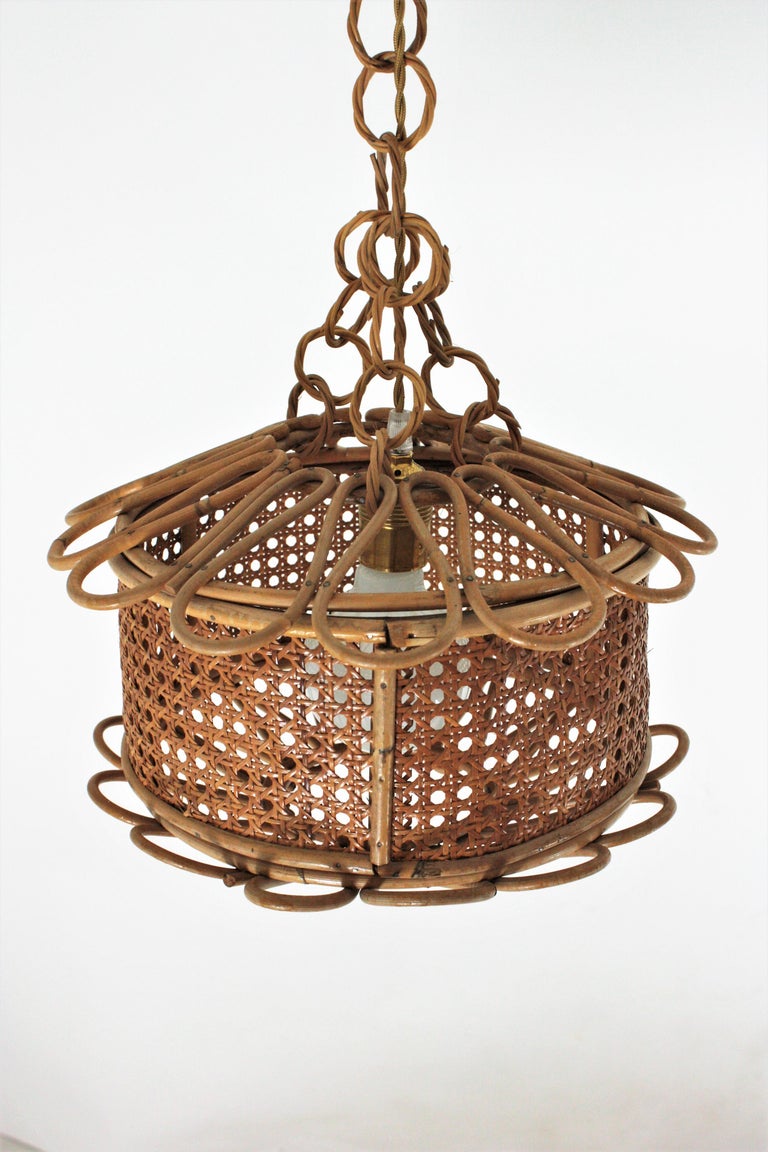 Italian Modernist Wicker Wire and Rattan Pendant Hanging Light, 1950s ...