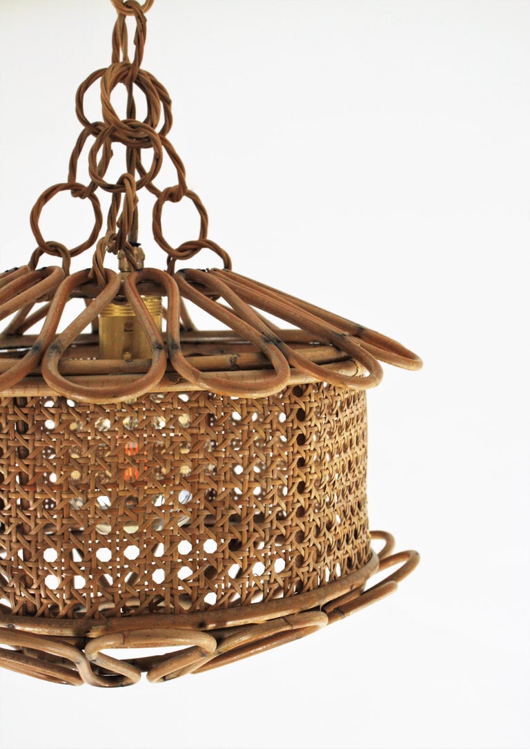 Italian Modernist Wicker Wire and Rattan Pendant Hanging Light, 1950s ...
