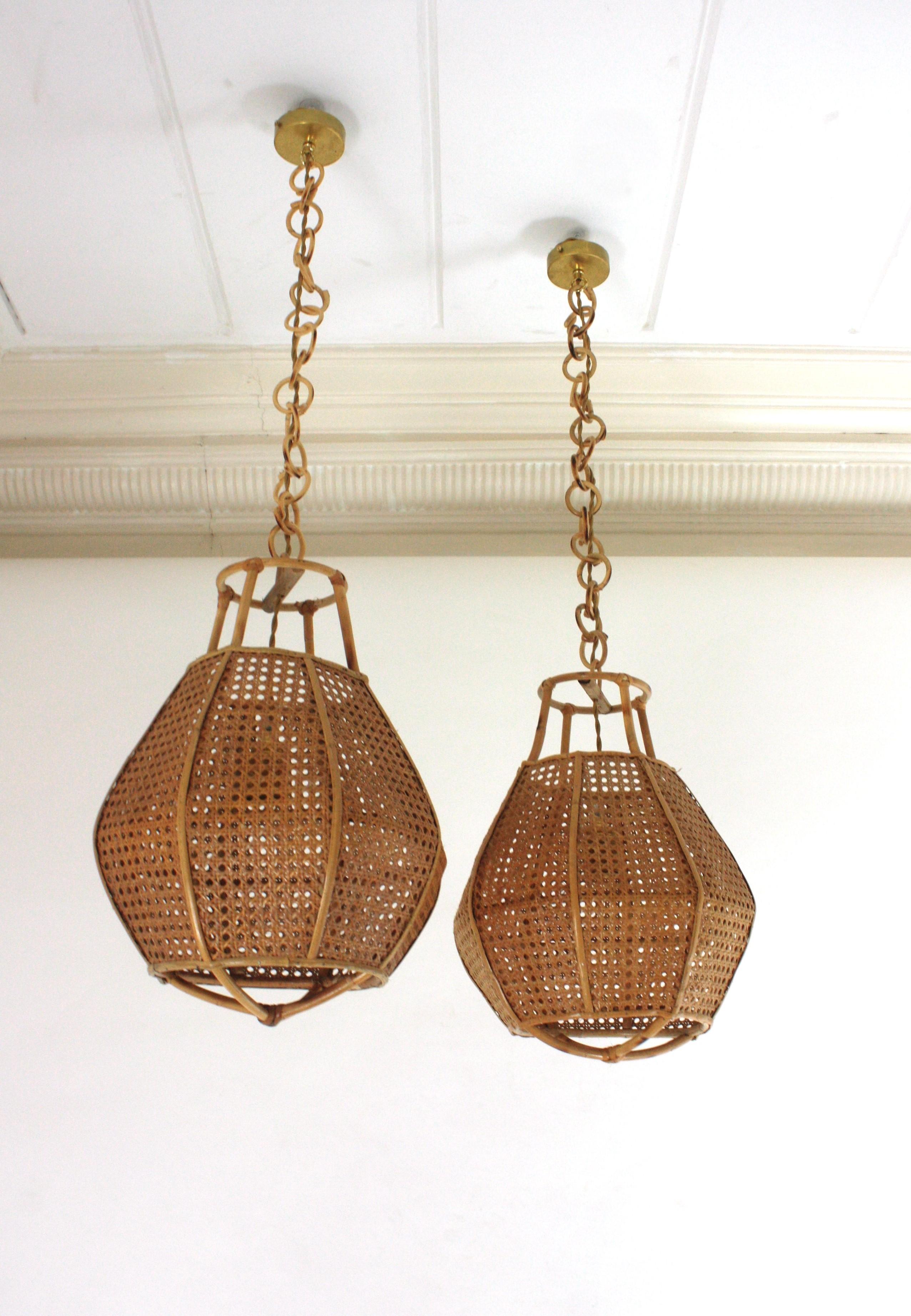 Italian Modernist Wicker Wire Rattan Globe Pendants / Hanging Lights ...