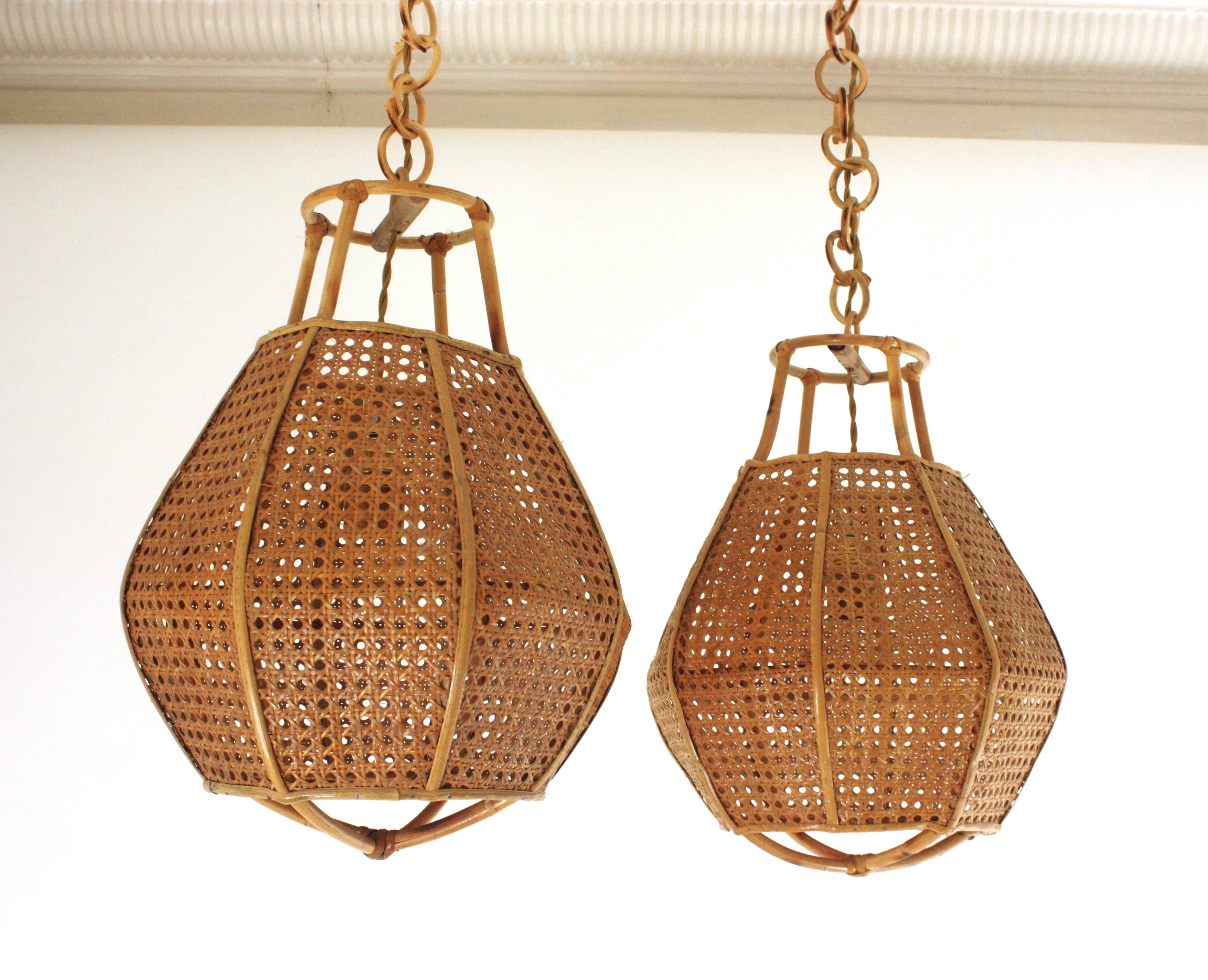 Italian Modernist Wicker Wire Rattan Globe Pendants / Hanging Lights ...