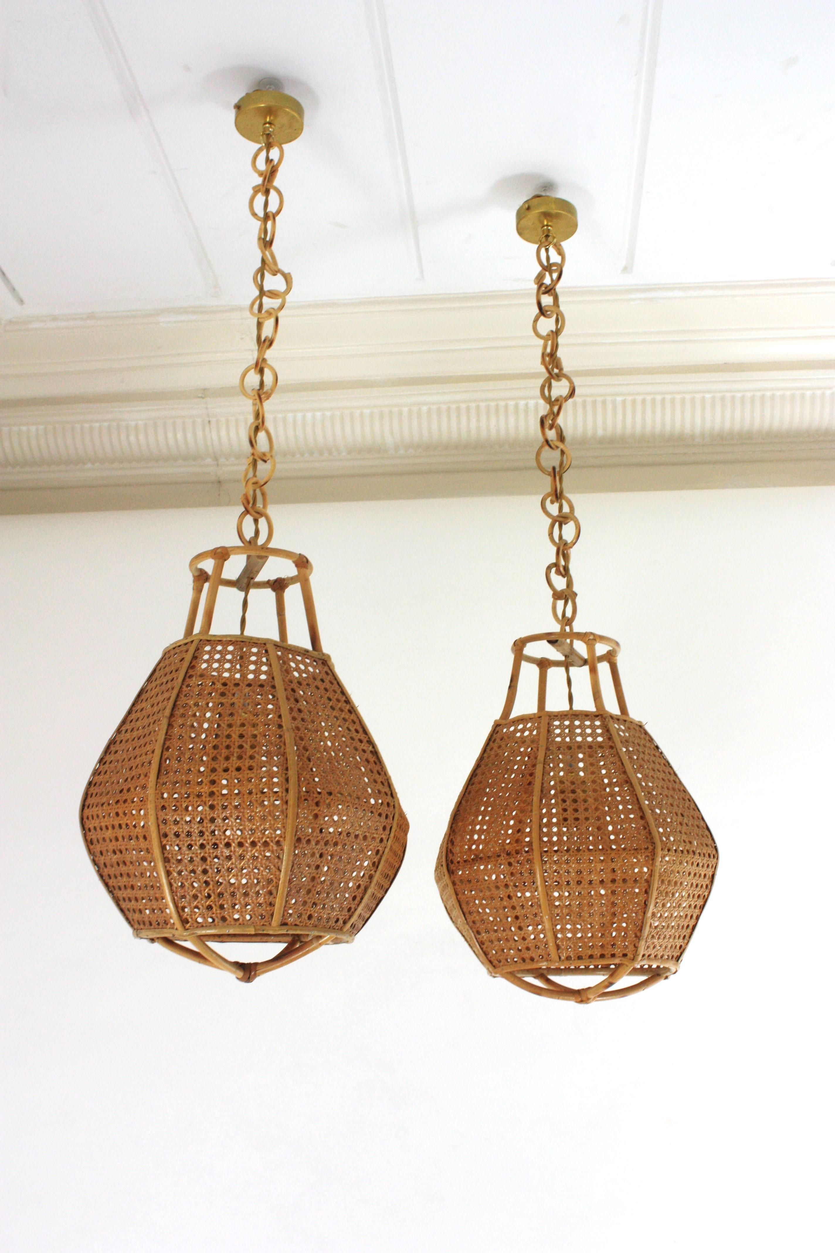Italian Modernist Wicker Wire Rattan Globe Pendants / Hanging Lights ...