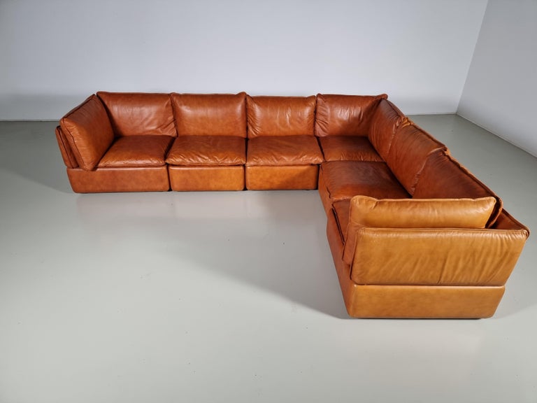 Italian Modular Sofa in Original Cognac Leather, 1970s at 1stDibs