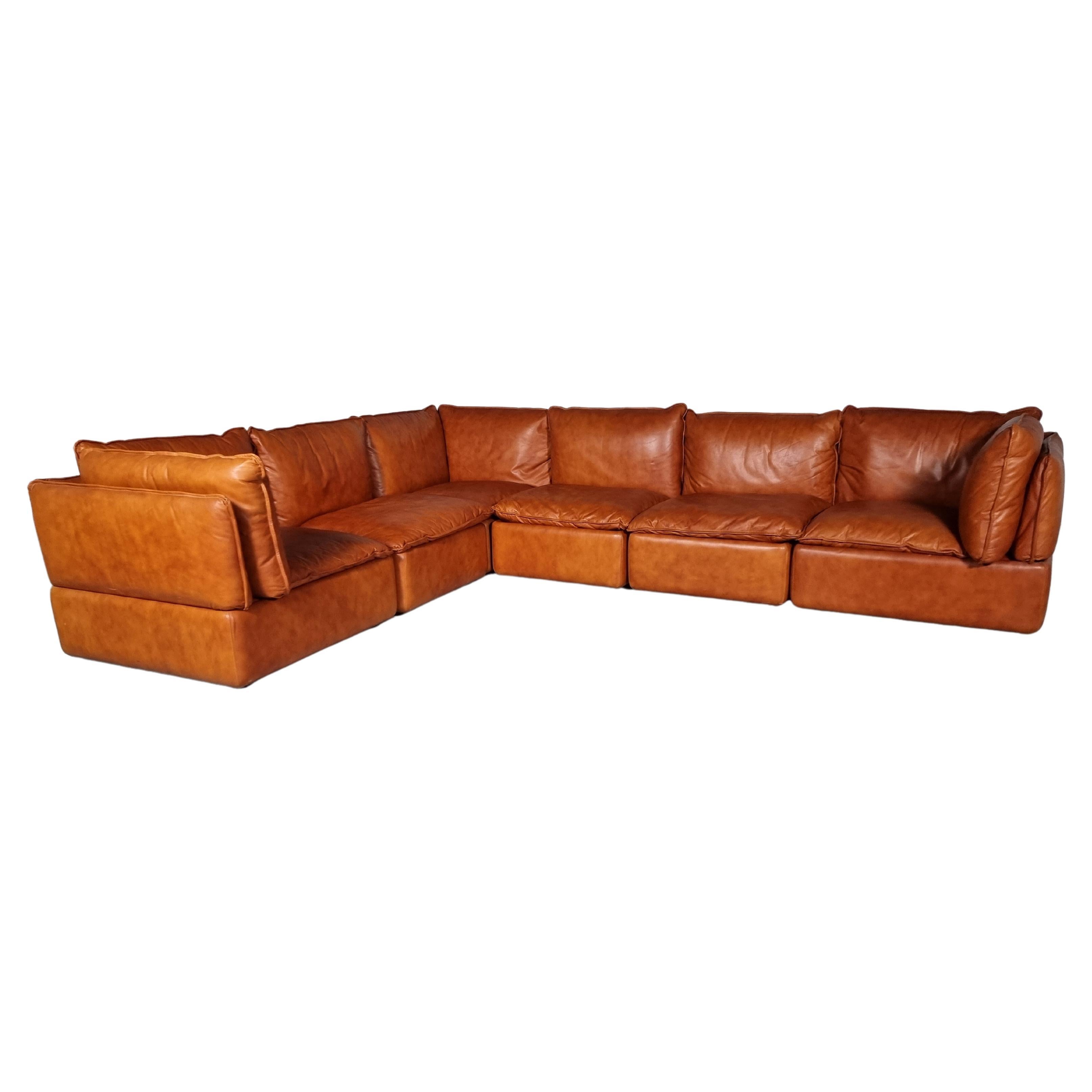 Italian Modular Sofa in Original Cognac Leather, 1970s at 1stDibs