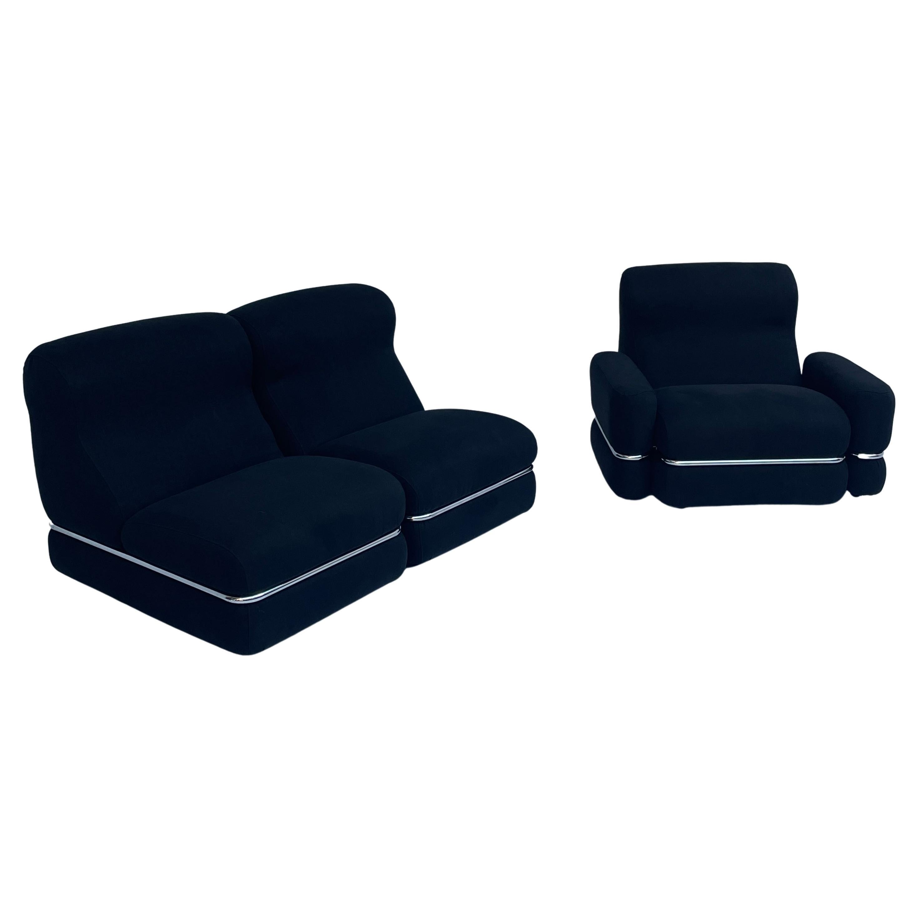 Italian Modular Sofa in Reupholstered Dark Blue Linnen For Sale at 1stDibs