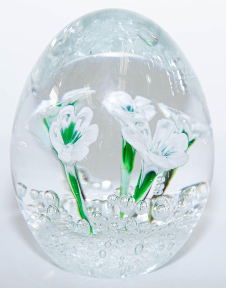 Italian Murano Hand Blown Art Glass Paperweight with White Flowers ...
