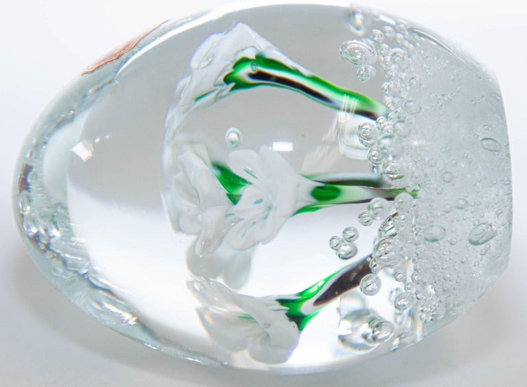 Italian Murano Hand Blown Art Glass Paperweight with White Flowers ...