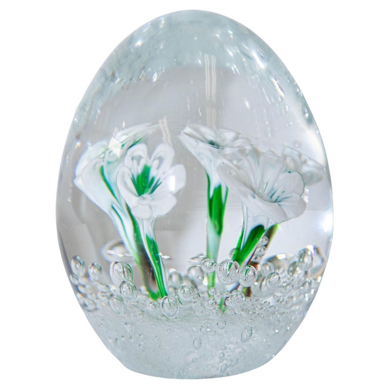 Italian Murano Handblown Art Glass Paperweight with White Flowers ...