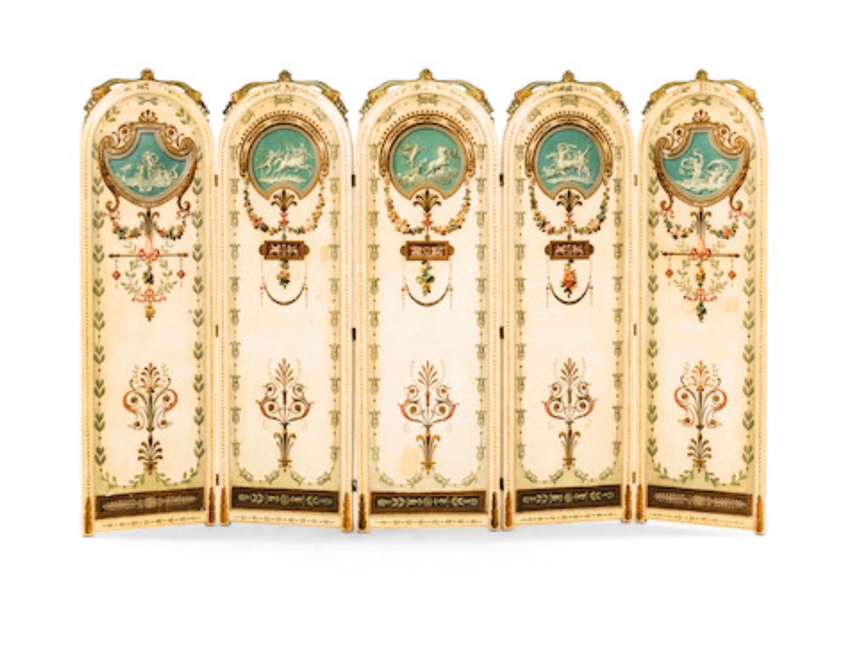 Italian Neoclassic Painted Canvas Five Panel Folding Screen For Sale at ...