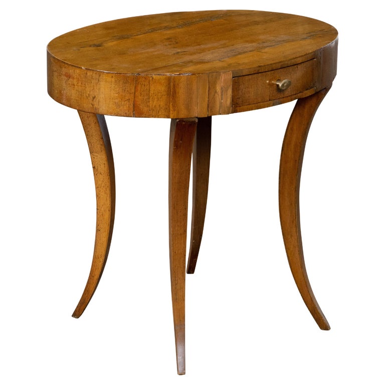 Italian Neoclassical 1810s Walnut Table with Oval Top, Drawer and Saber ...