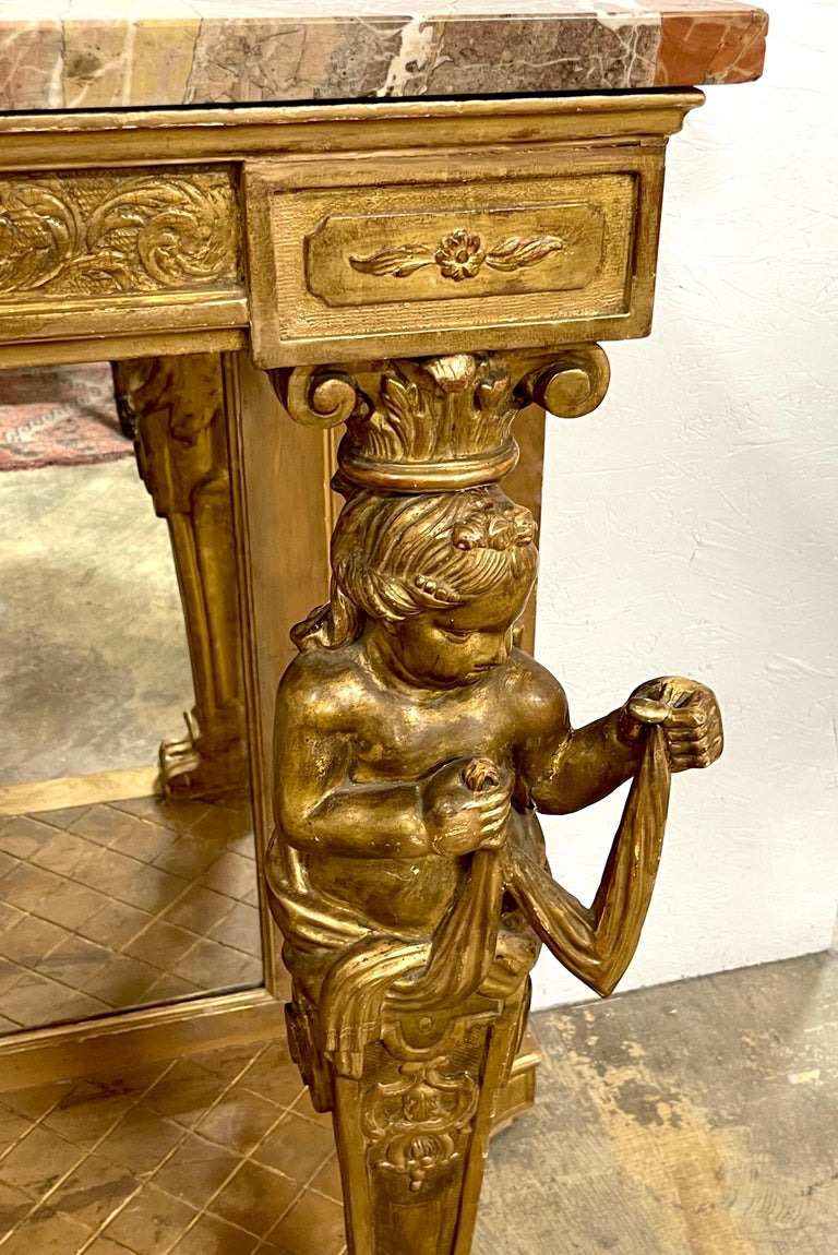 Italian Neoclassical Breccia Viola Marble and Giltwood Figural Console ...