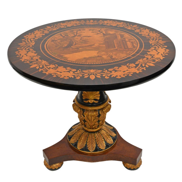 Italian Neoclassical Ebonized Round Pedestal Table w/ Marquetry Inlays ...