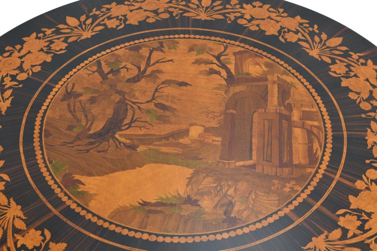 Italian Neoclassical Ebonized Round Pedestal Table w/ Marquetry Inlays ...