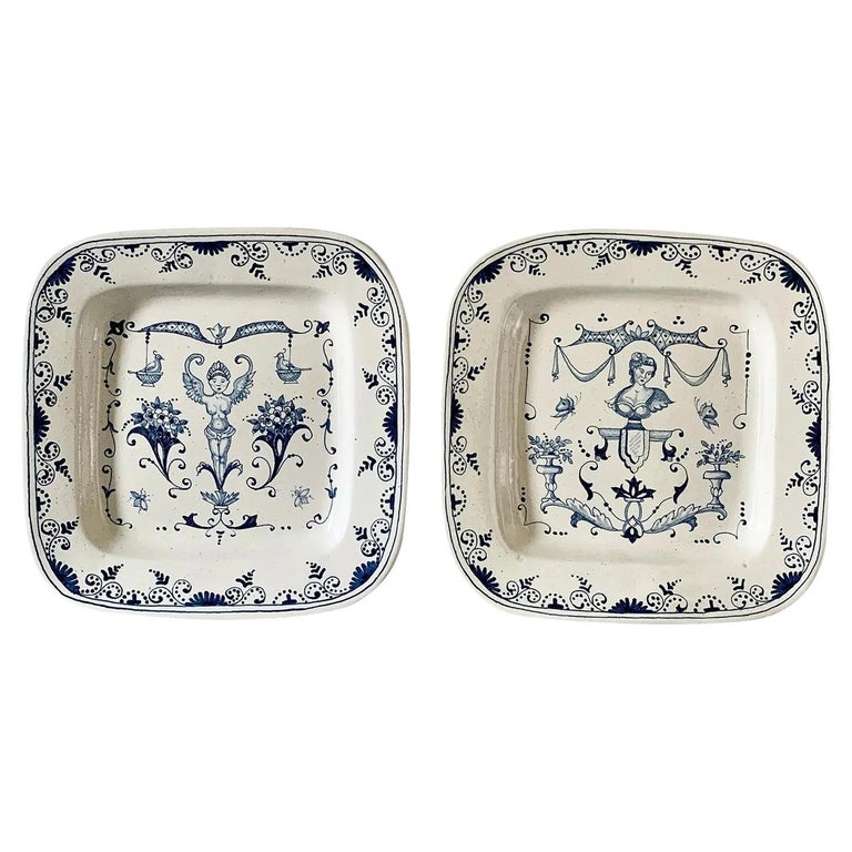 Italian Neoclassical Faience Blue and White Square Wall Plates, Pair ...