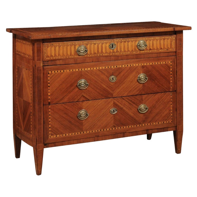 Italian Neoclassical Inlaid Walnut 3 Drawer Commode, ca. 1790 at 1stDibs