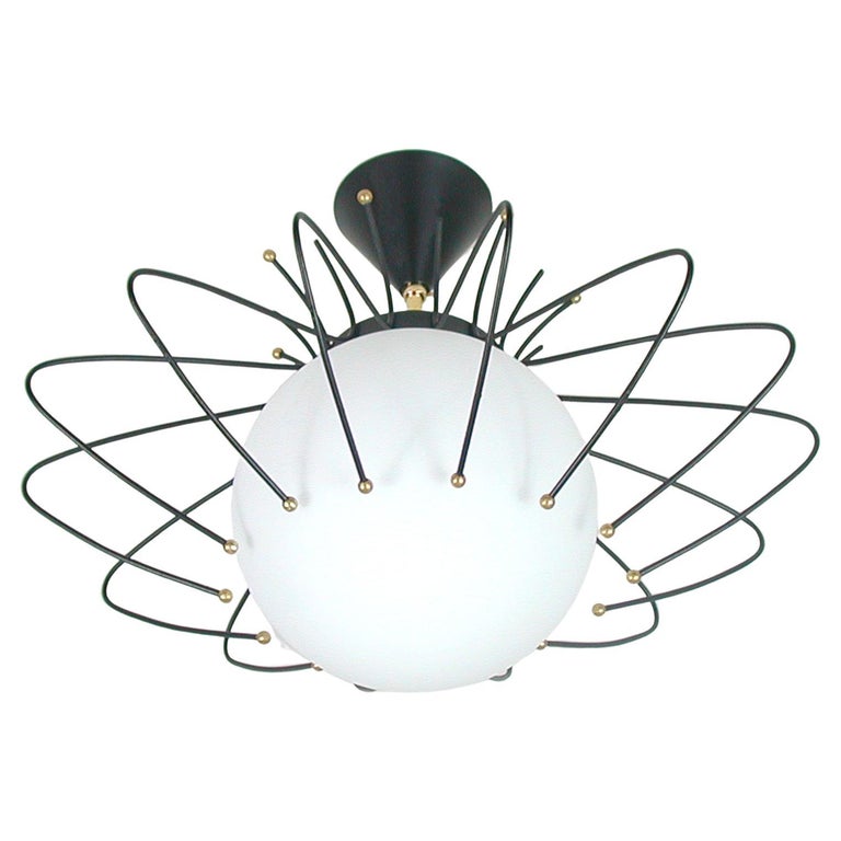 Italian Opaline Glass and Black Metal Flush Mount Pendant, Angelo Lelli ...