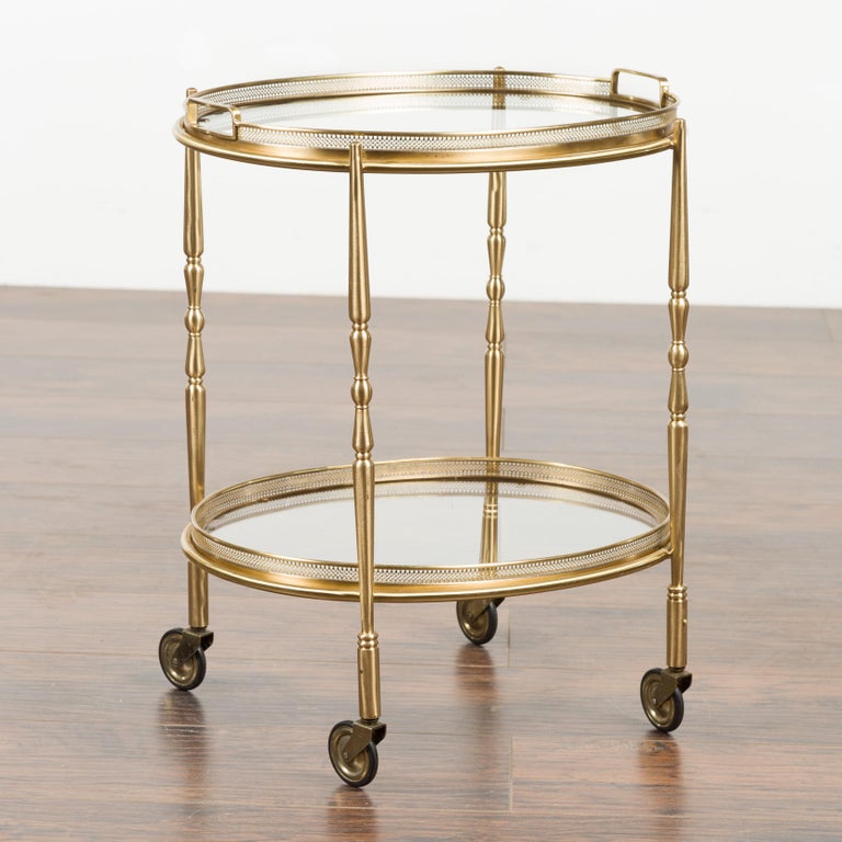 Italian Oval Brass Cart with Pierced Gallery, Glass Shelves and Casters ...