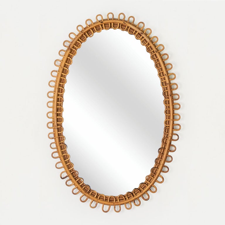 Italian Oval Rattan Mirror For Sale at 1stDibs