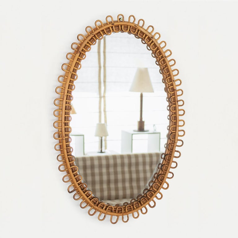Italian Oval Rattan Mirror For Sale at 1stDibs