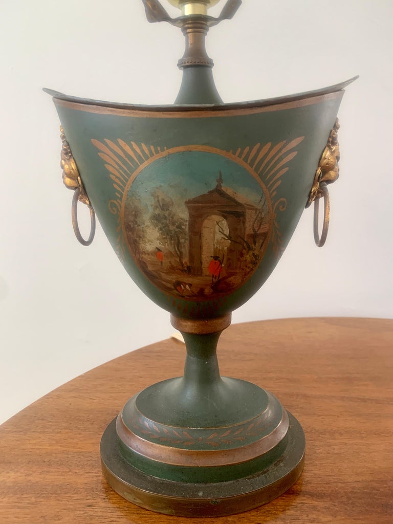 Italian Painted Tole Urn Lamps, Pair For Sale at 1stDibs
