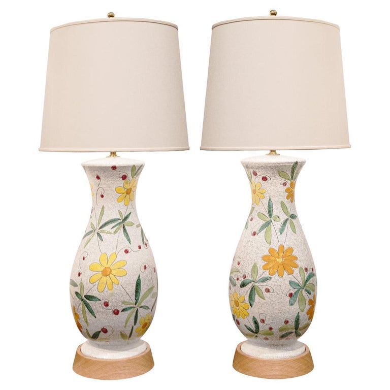 Italian Pair of Artisan Ceramic Table Lamps with Flower Motif 1950s For ...