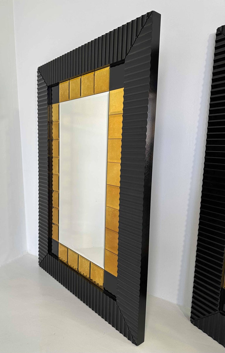 Italian Pair of Black Lacquered and Gold Wall Mirrors, 1980s For Sale ...