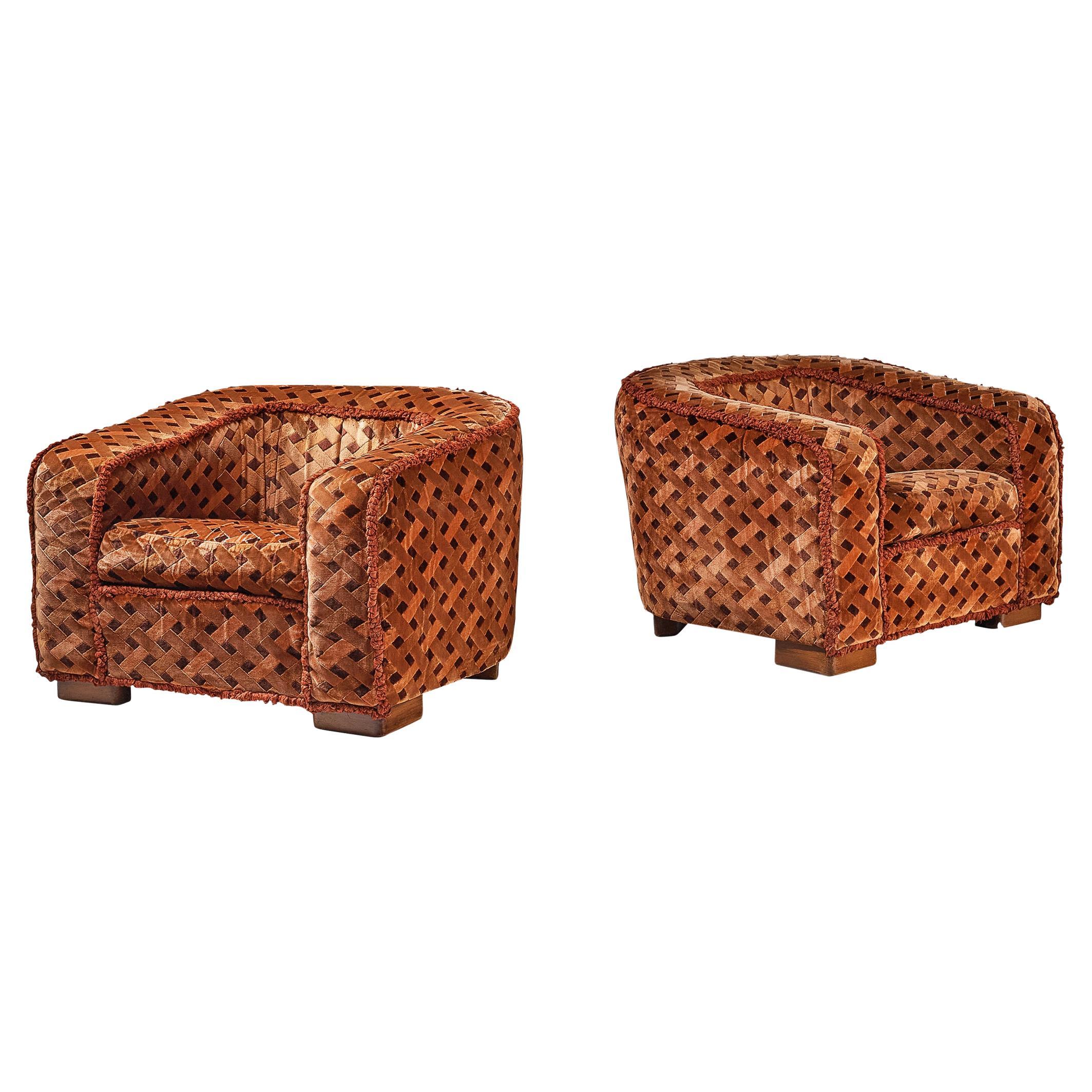 Italian Art Deco Pair of Lounge Chairs in Orange Yellow Upholstery For ...