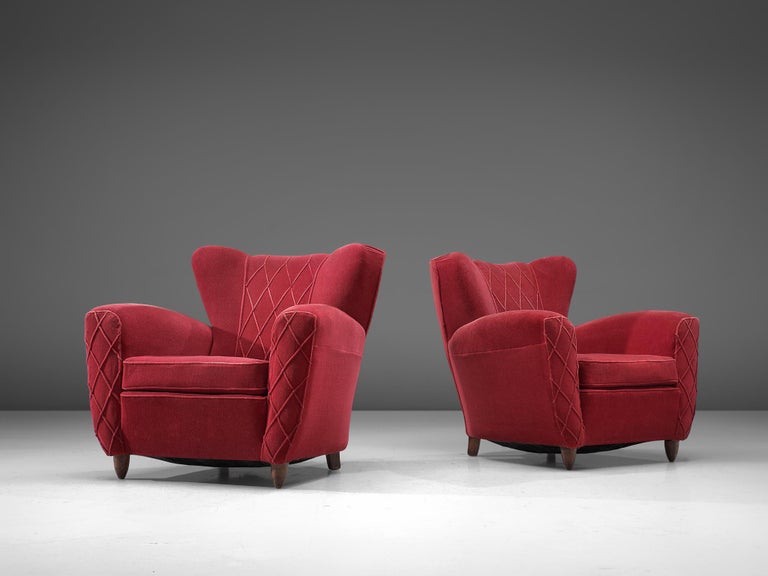 Italian Pair of Curved Lounge Chairs in Ruby Red Velvet For Sale at 1stDibs