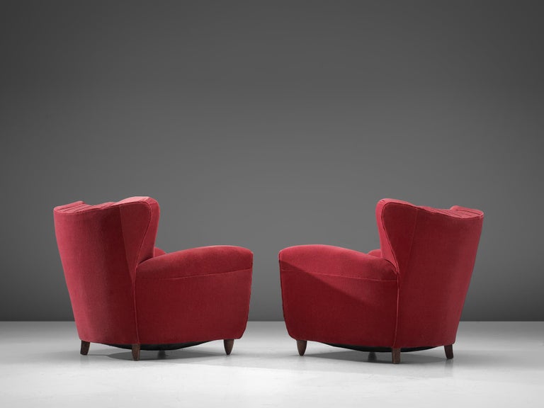 Italian Pair of Curved Lounge Chairs in Ruby Red Velvet For Sale at 1stDibs