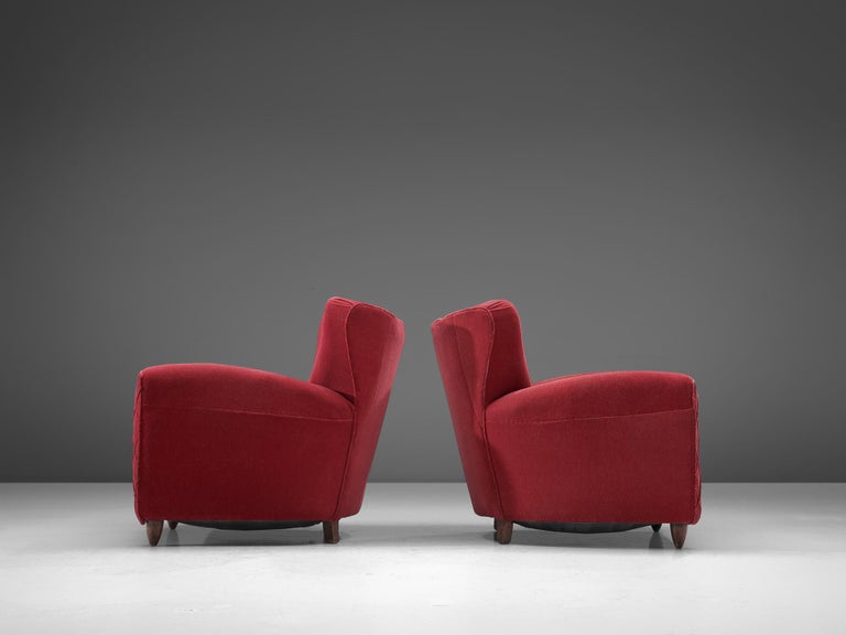 Italian Pair of Curved Lounge Chairs in Ruby Red Velvet For Sale at 1stDibs
