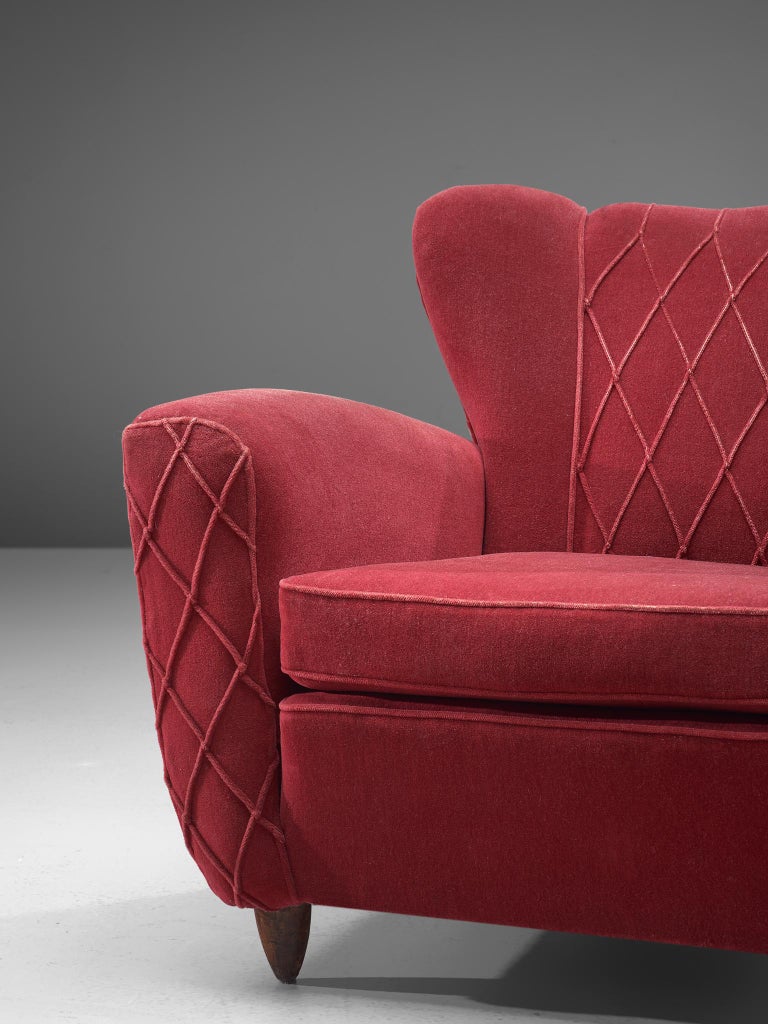 Italian Pair of Curved Lounge Chairs in Ruby Red Velvet For Sale at 1stDibs