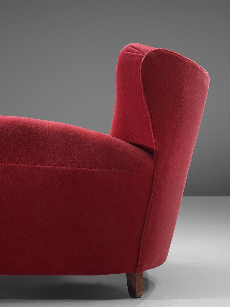 Italian Pair of Curved Lounge Chairs in Ruby Red Velvet For Sale at 1stDibs