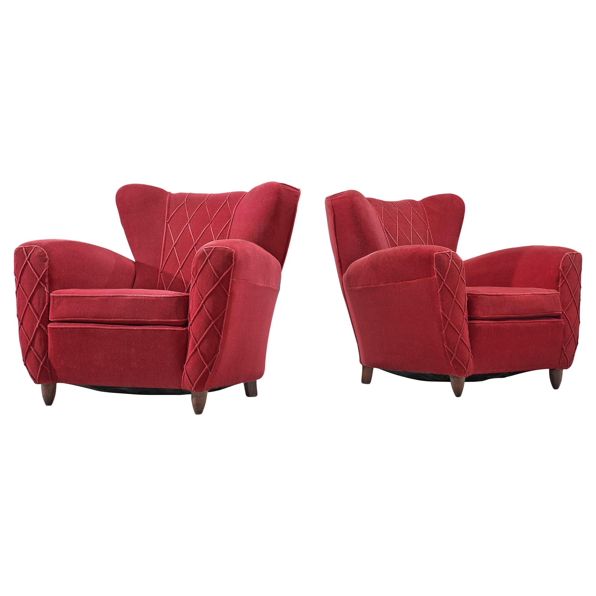Italian Pair of Curved Lounge Chairs in Ruby Red Velvet For Sale at 1stDibs